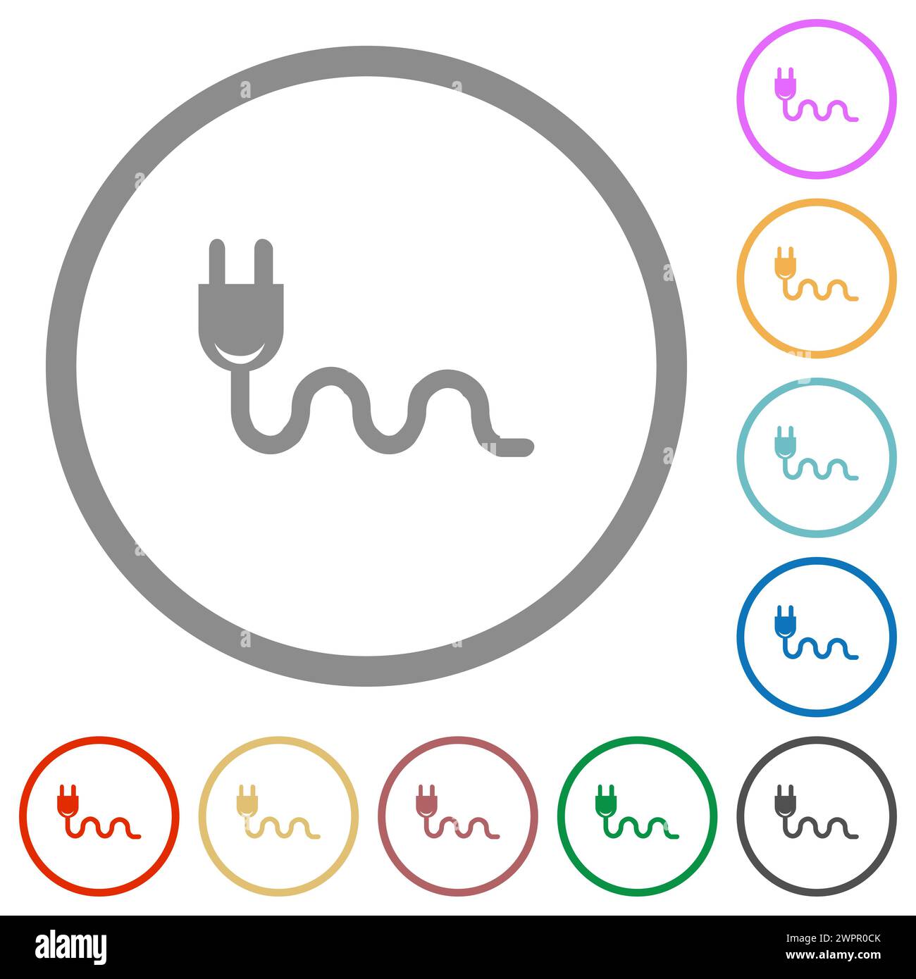 Socket plug and cable solid flat color icons in round outlines on white ...