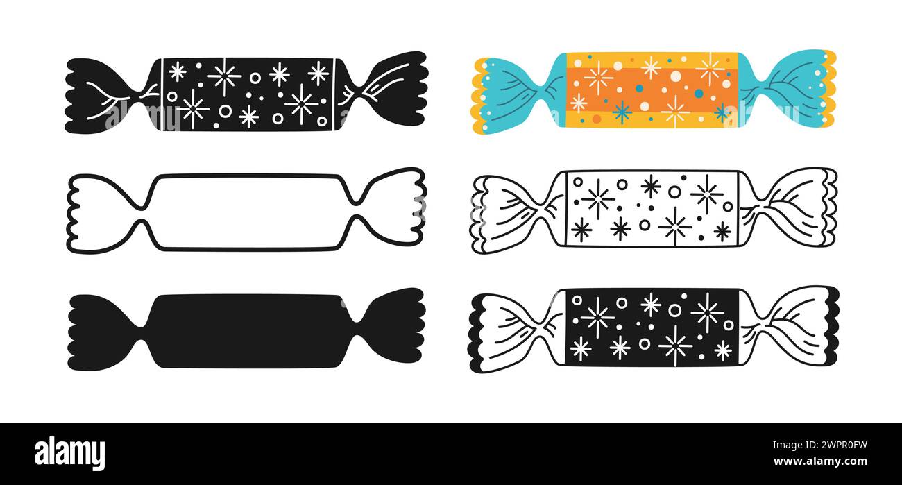 Wrapped candy with doodle ornament. Cartoon symbol bonbon, stamp ...