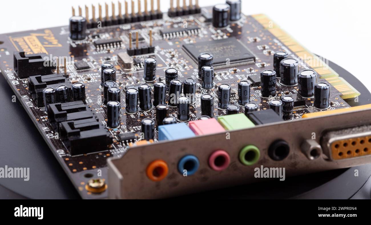 Detailed close-up of an old desktop PC sound card with its electronic ...