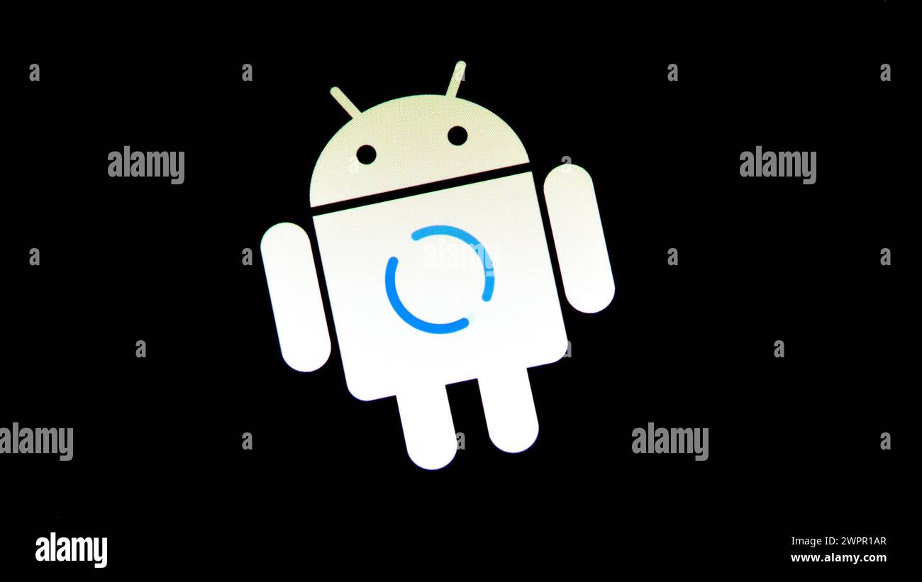 The Android OS logo displayed with a loading process on a dark ...