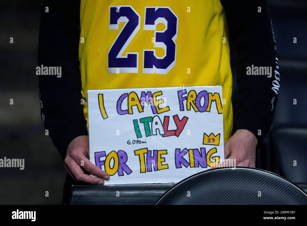 A Los Angeles Lakers' LeBron James fan holds a sign during practice for ...