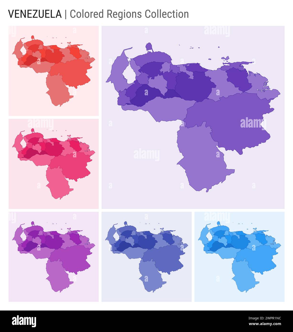 Venezuela map collection. Country shape with colored regions. Deep ...