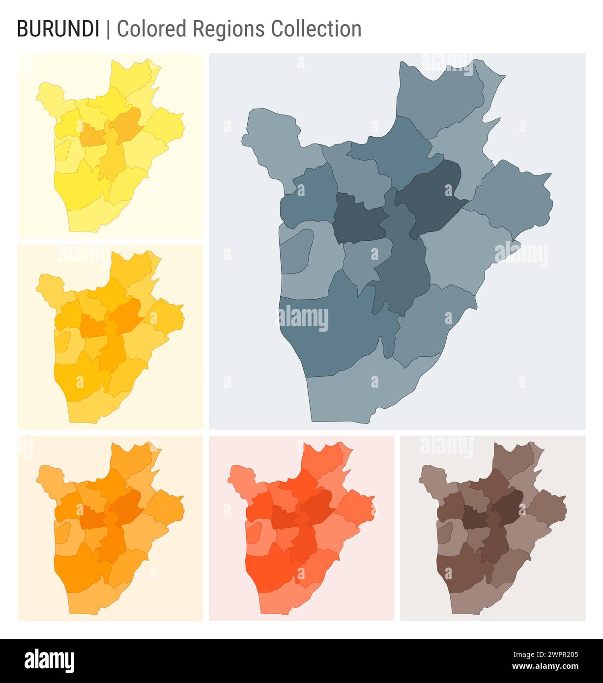 Burundi map collection. Country shape with colored regions. Blue Grey ...