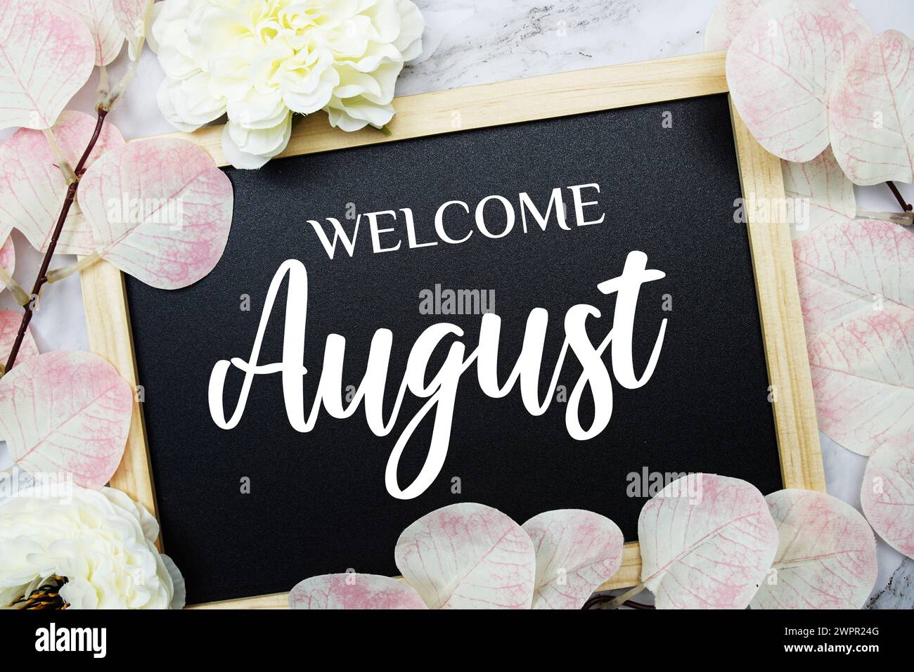 Welcome August text message with eucalyptus leaf decoration on marble ...