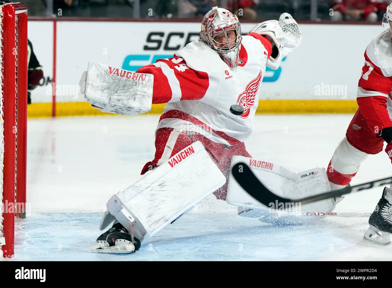 Detroit Red Wings goaltender Alex Lyon reaches back for the puck after ...