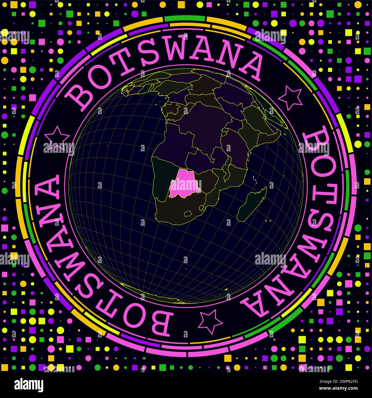 Futuristic Botswana on globe. Bright neon satellite view of the world ...