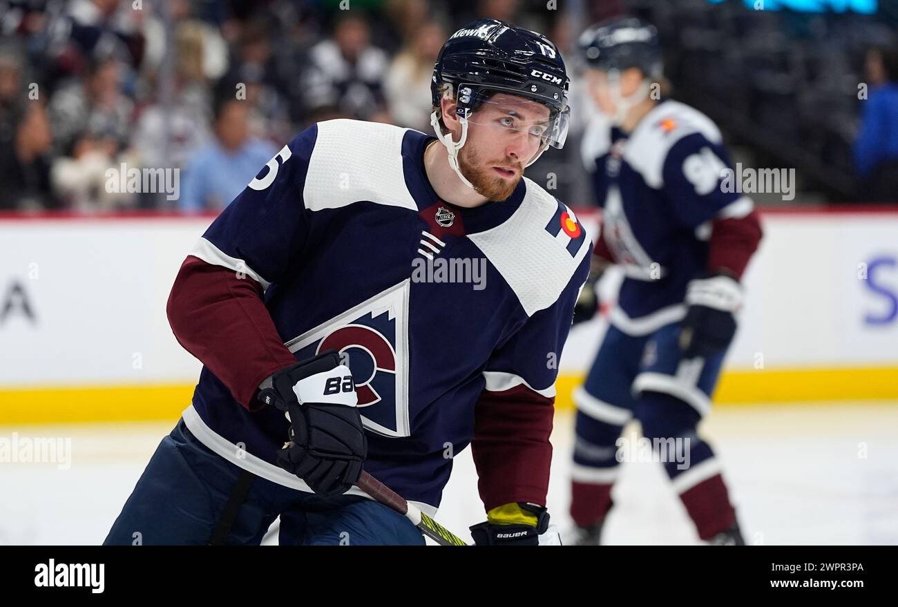 Newly-acquired Colorado Avalanche center Yakov Trenin warms up before ...
