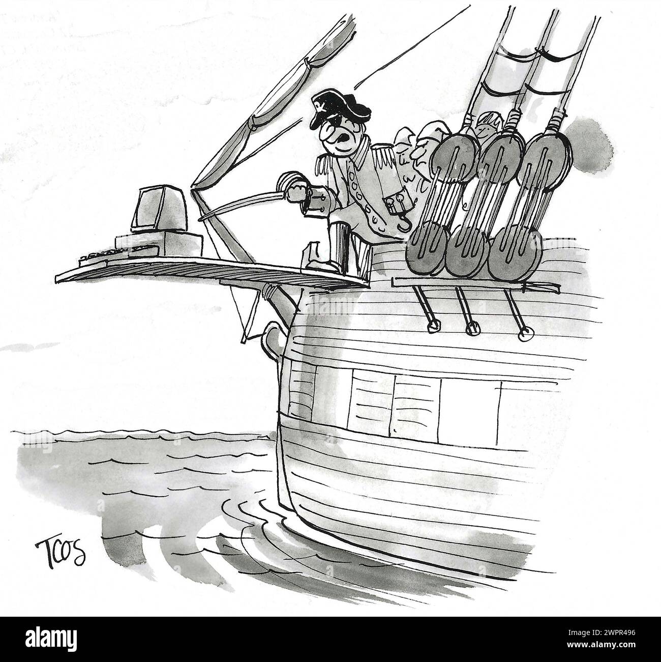 BW cartoon of a pirate having a desktop computer walking the plank ...