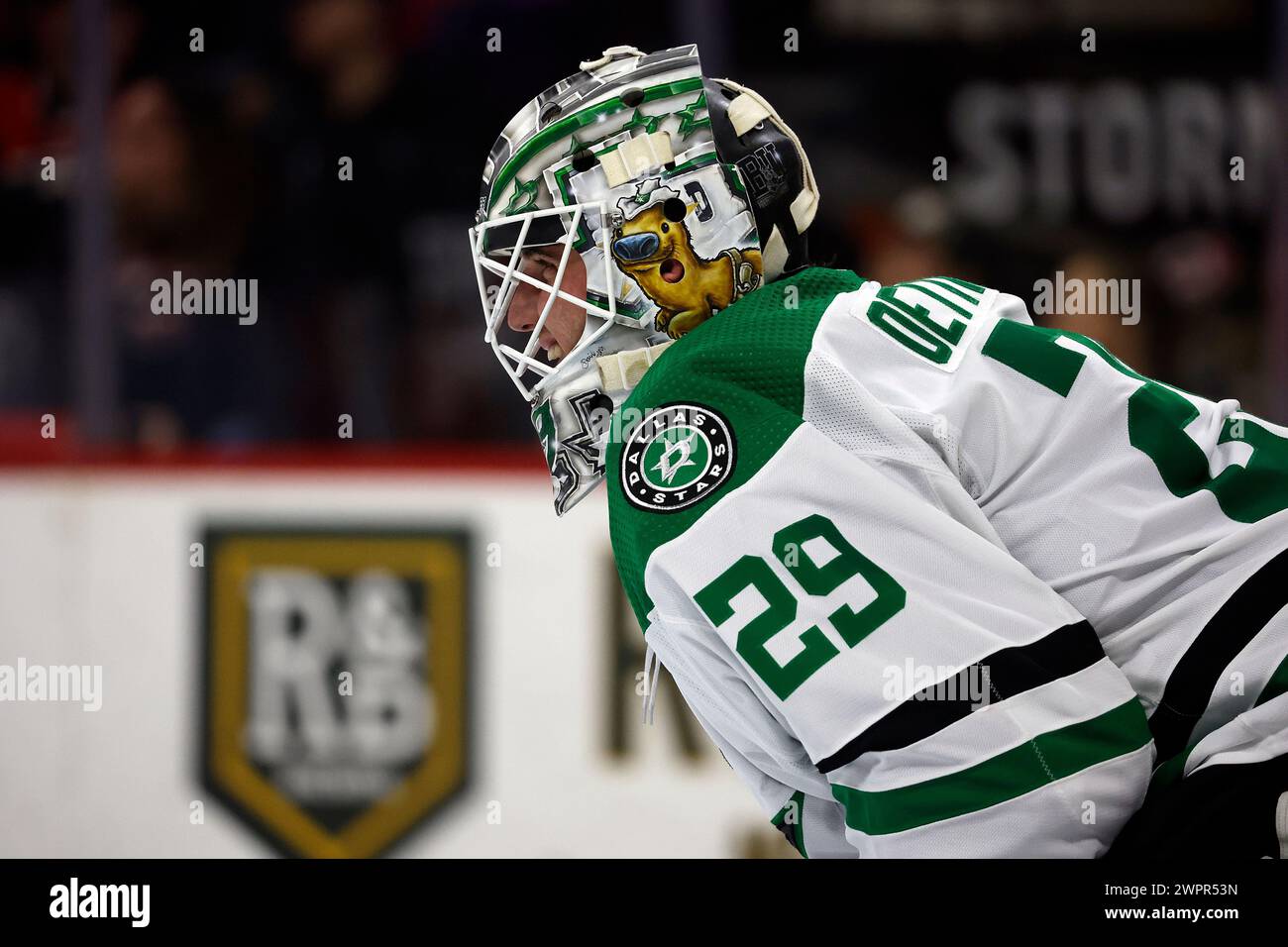 Dallas Stars goaltender Jake Oettinger (29) watches the puck against ...