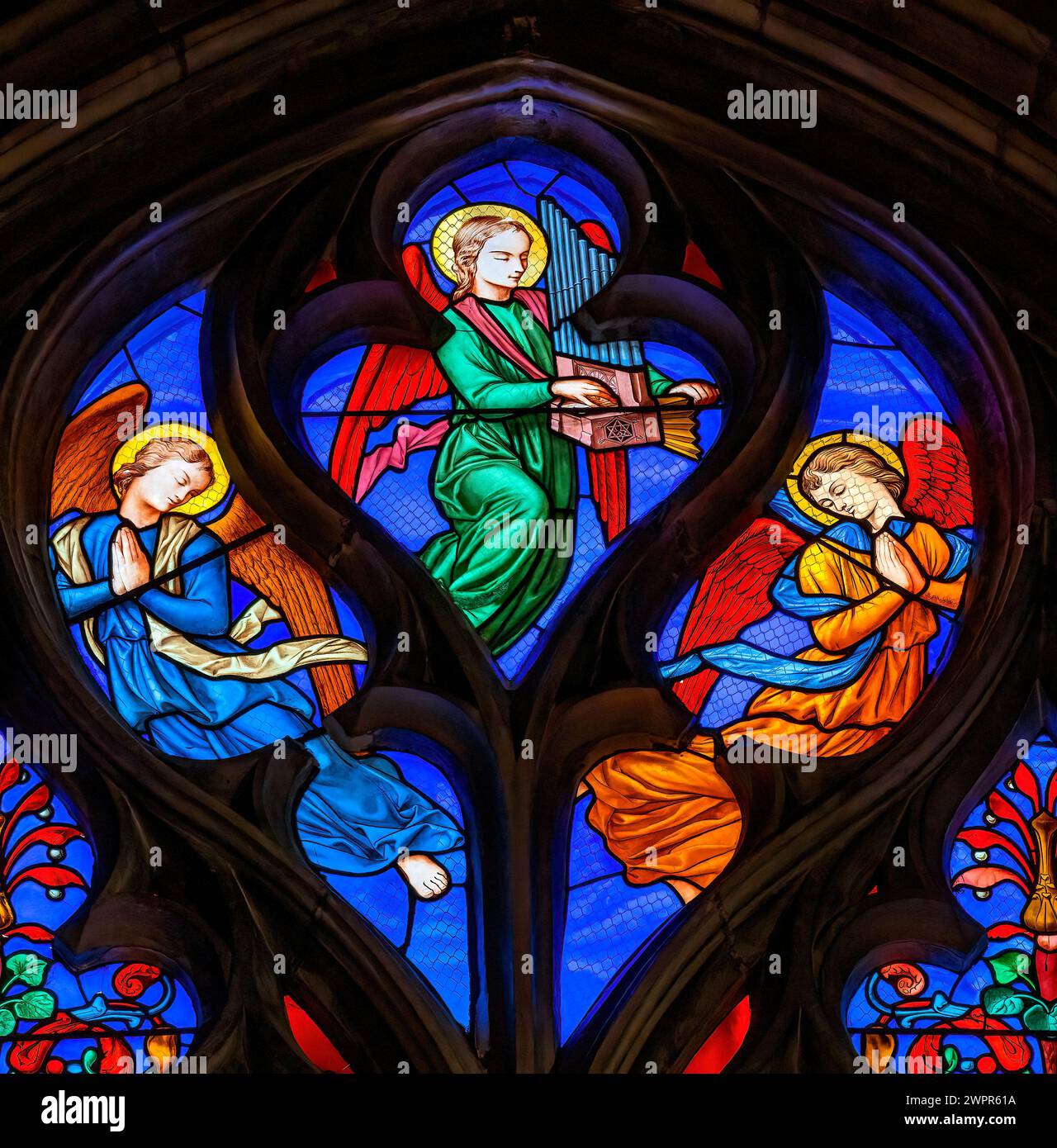 Colorful Angels Music Stained Glass Ancient Saint Bonaventure Lyon France. Church finished 1327 ...