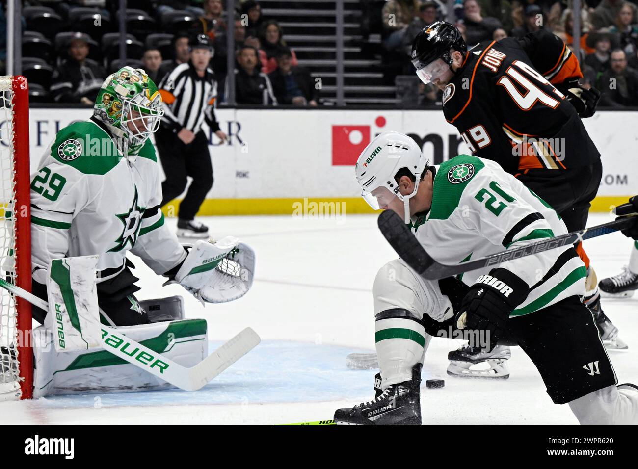 Anaheim Ducks left wing Max Jones (49) looks for a shot against Dallas ...
