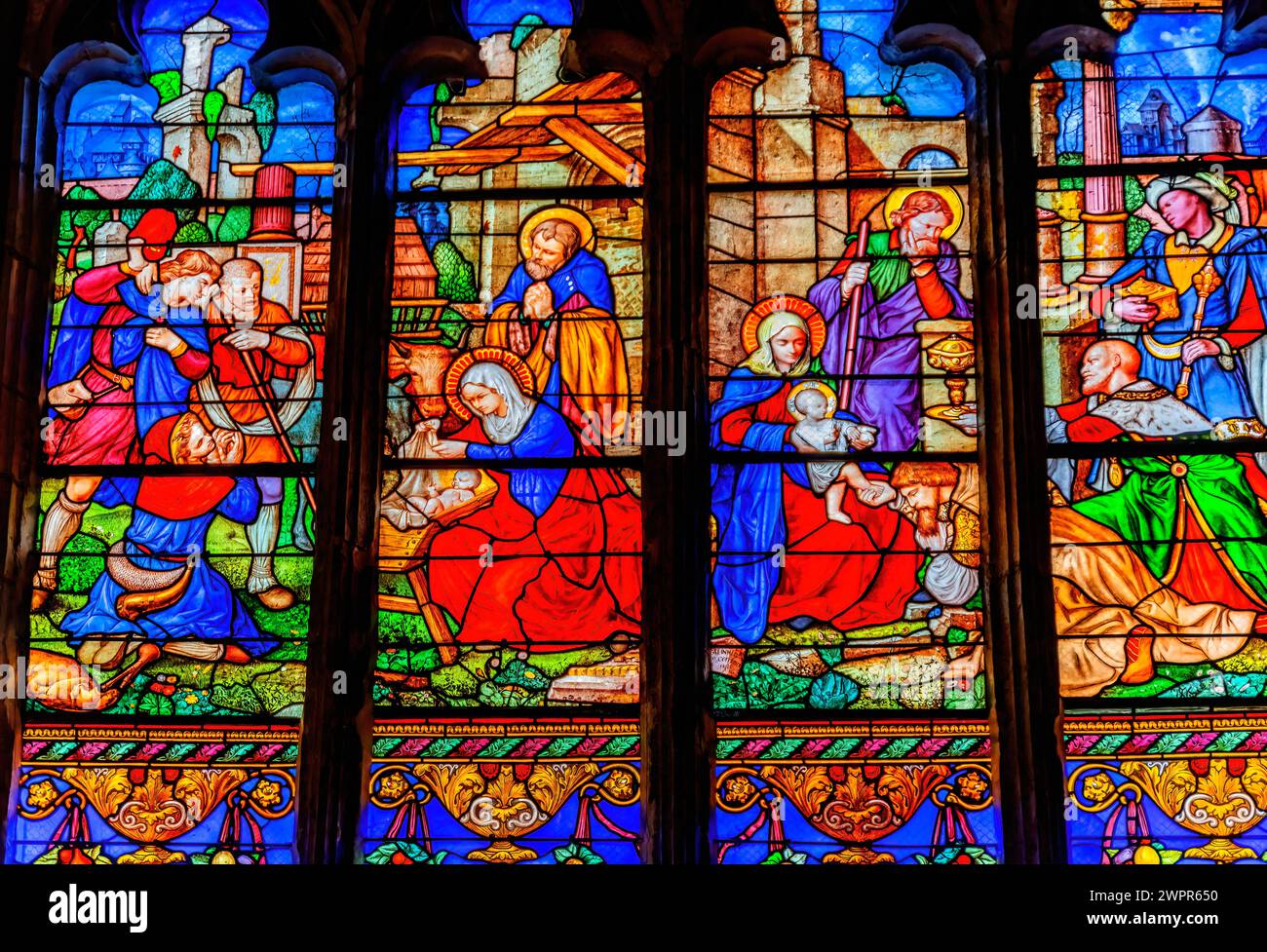 Colorful Nativity Virgin Mary Joseph Baby Jesus Stained Glass Archangel ...