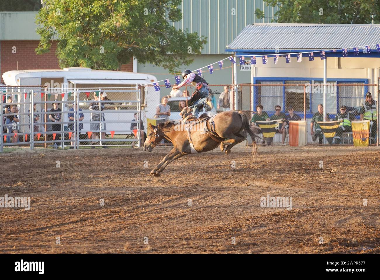 Saddle Bronc Rider in mid air above his horse at Kyabram Rodeo Kyabram ...