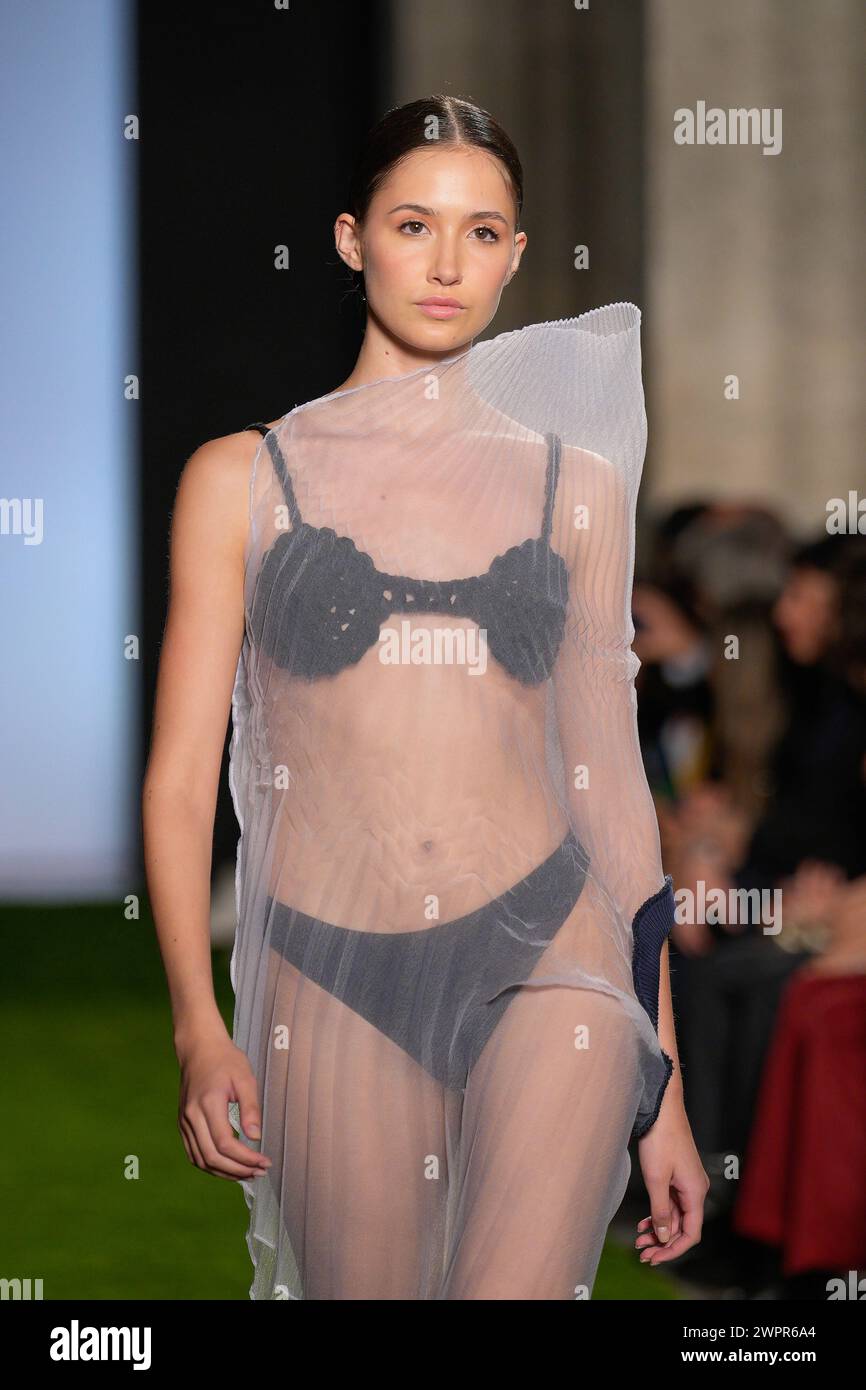 Lisbon, Portugal. 08th Mar, 2024. A model walks the runway during Dino Alves fashion show at ...