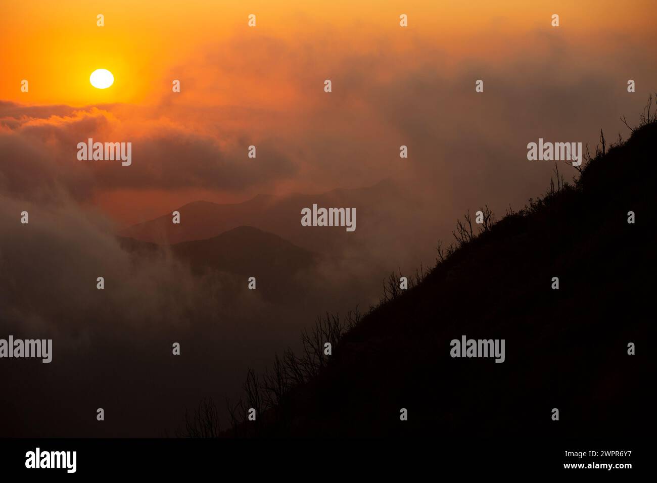 Foggy sunset view of Mt. Lowe on the Eaton Saddle Trail in the San ...