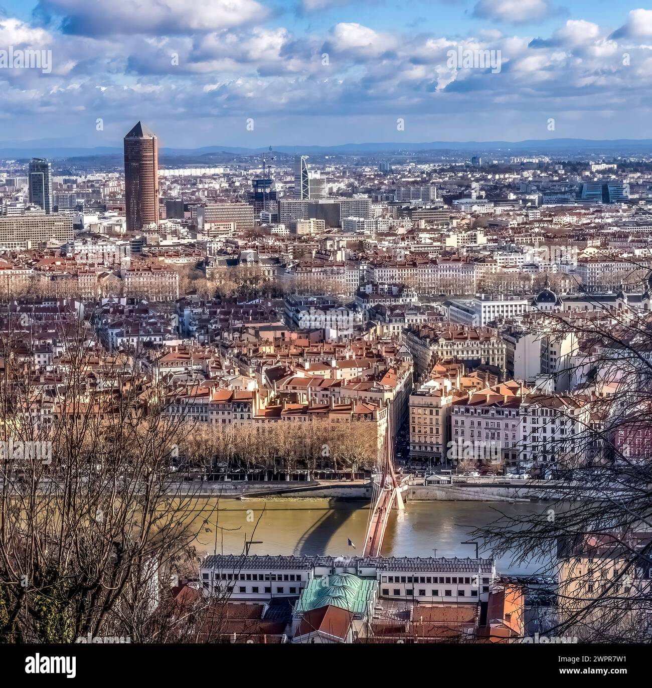 Colorful Soane River Pedestrian Bridge Old Town Modern City Buildings ...