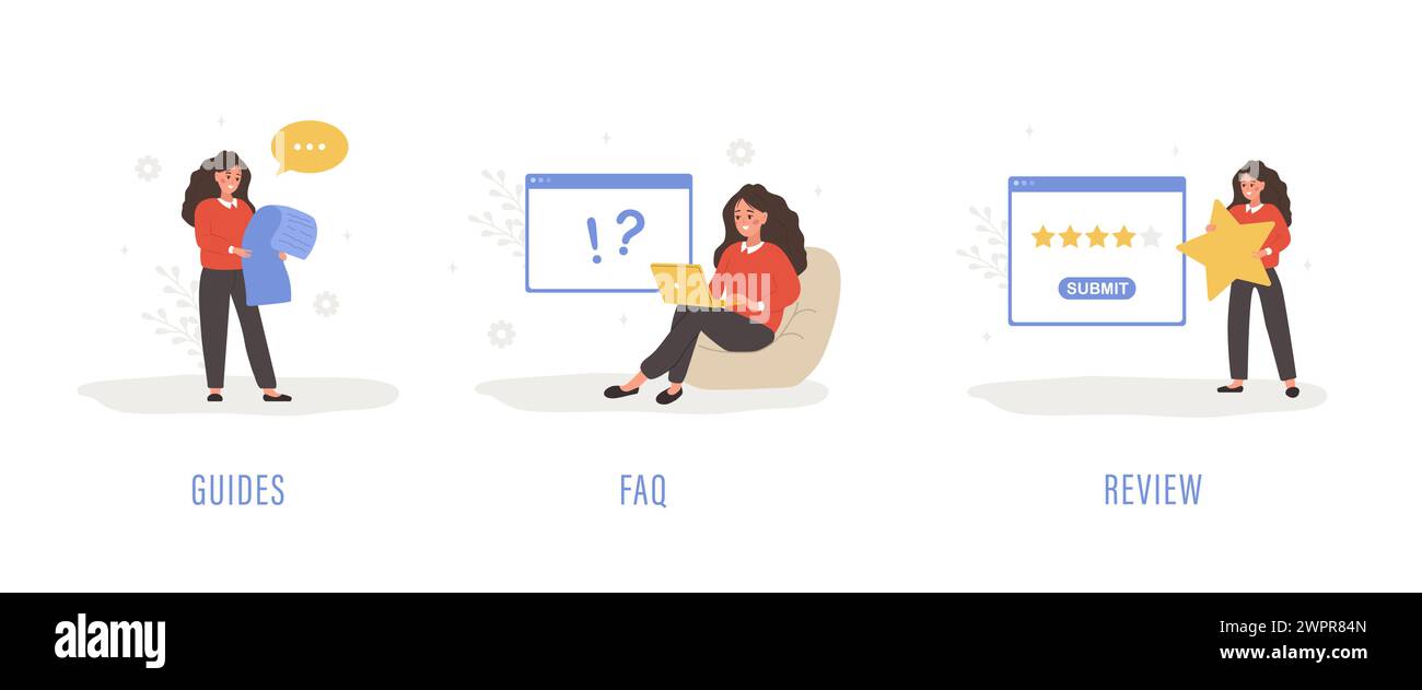 Customer support. Female characters ask questions, read instructions and leave feedback. FAQ ...