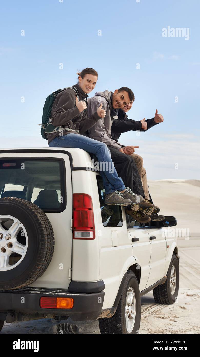 Road trip, people and thumbs up on jeep, portrait and route for ...