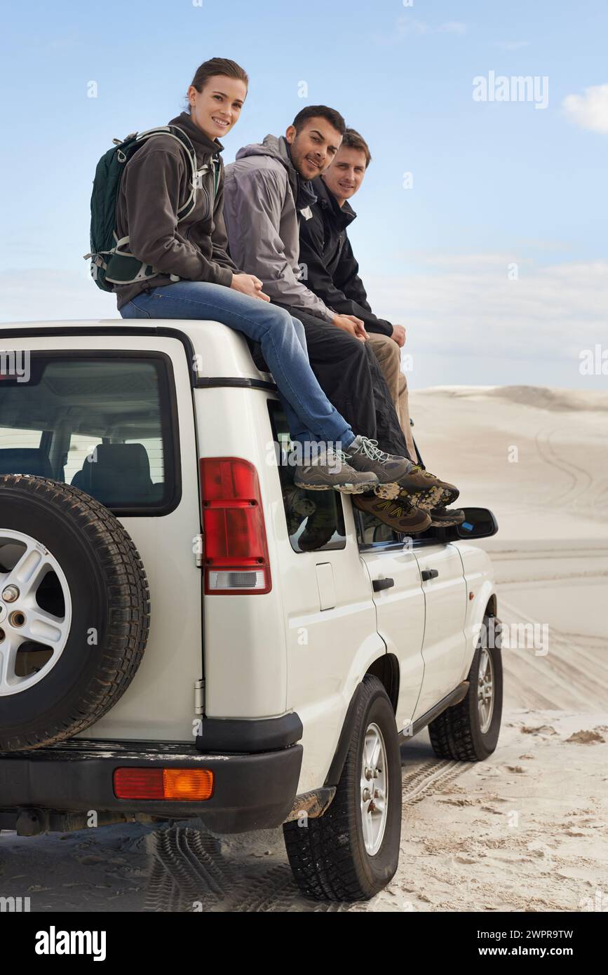 Road trip, people and sitting on jeep, portrait and route for ...