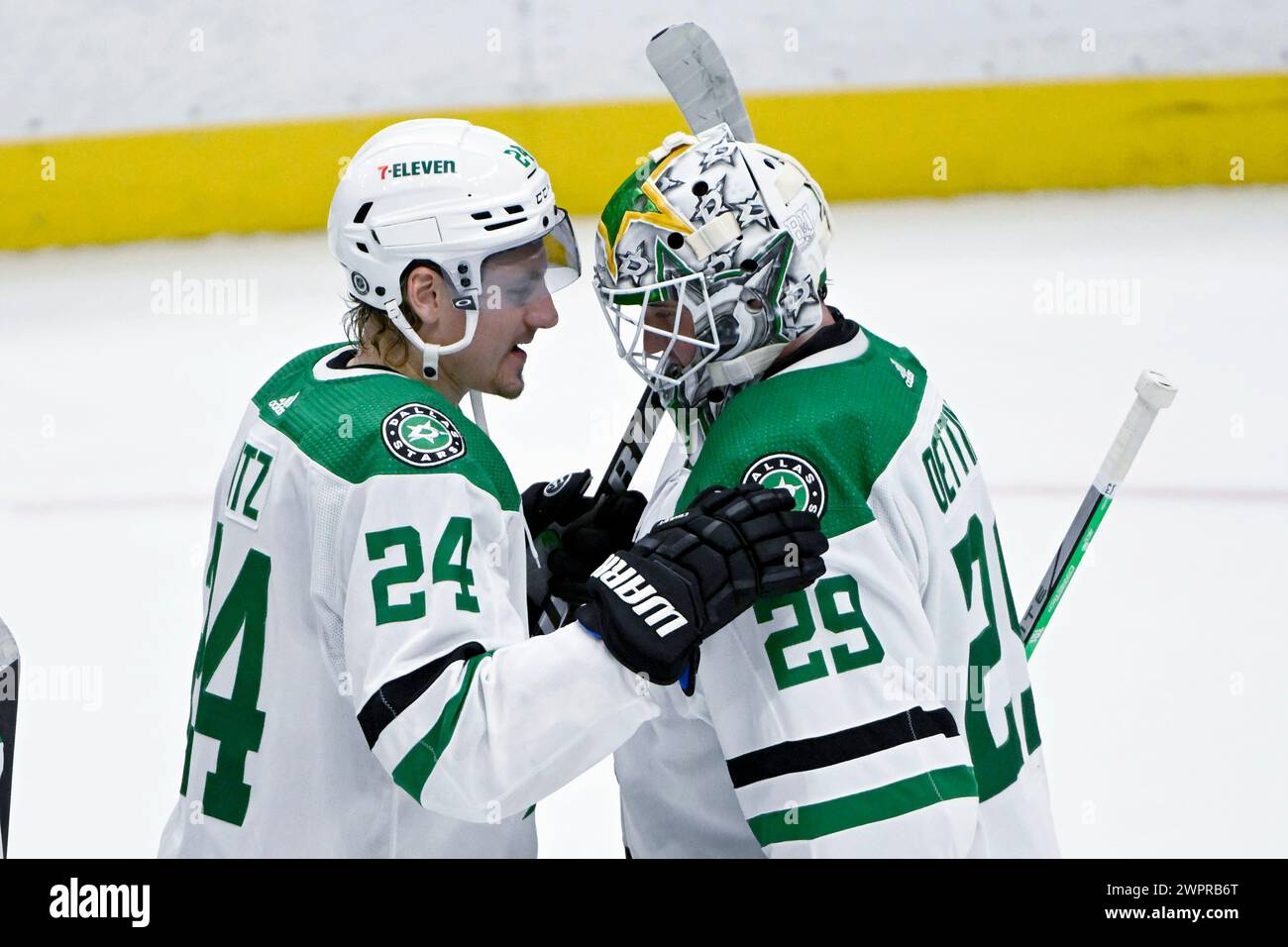 Dallas Stars center Roope Hintz (24) congratulates goaltender Jake ...