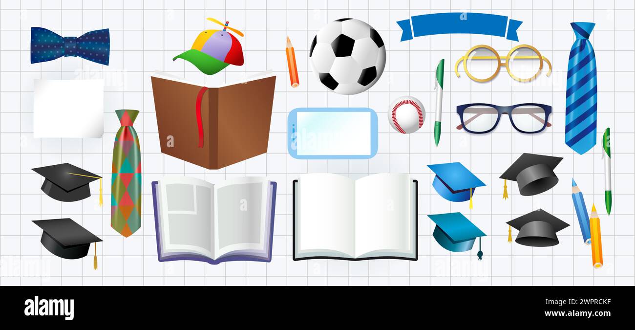 Set of school items. 3D clipart. Checkered notebook paper background ...