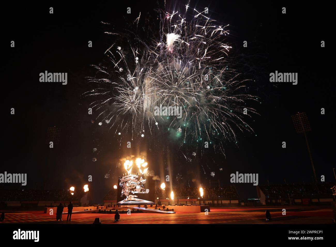 Accra, Ghana. 8th Mar, 2024. A firework show is seen during the opening ...
