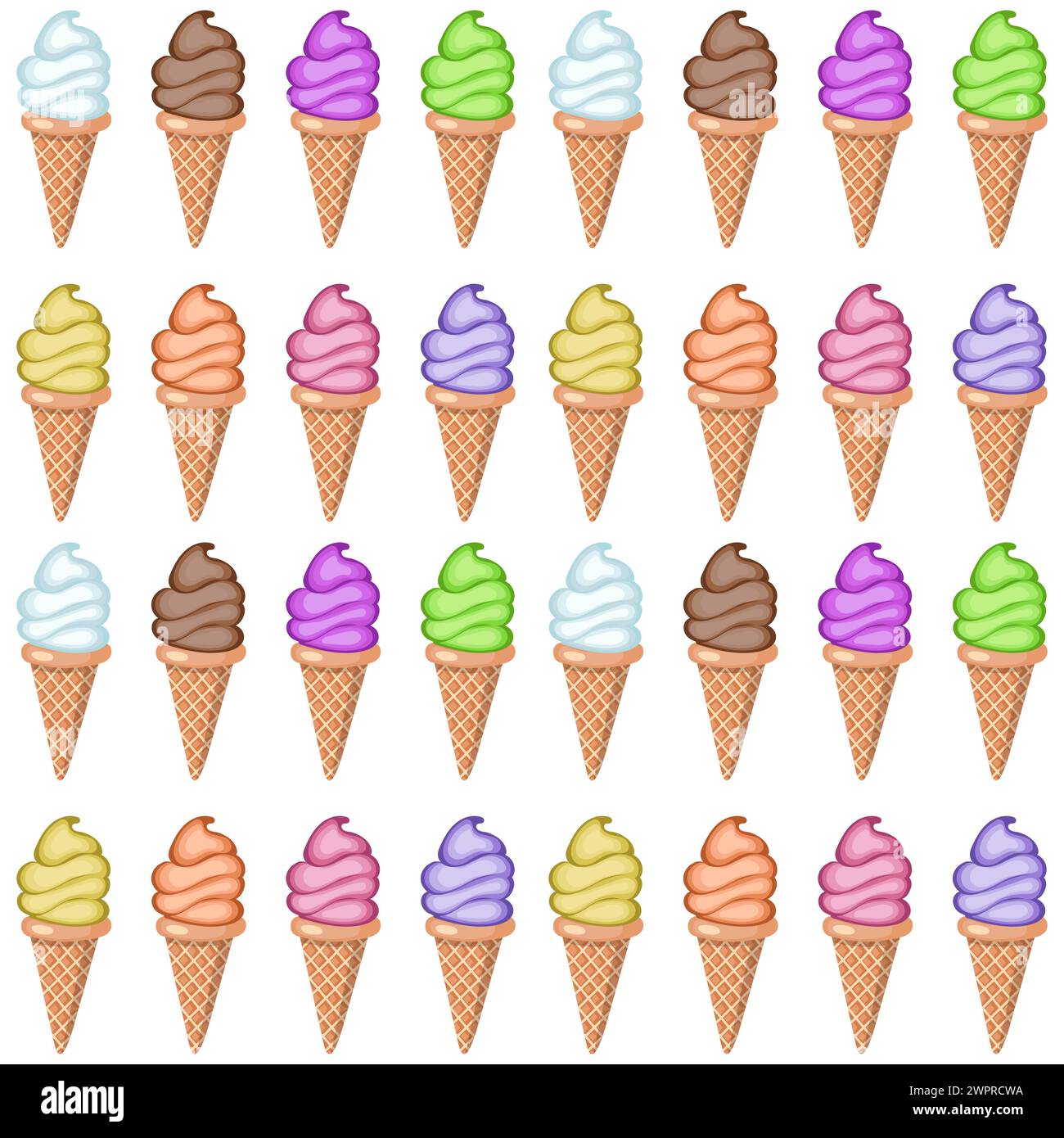 Multi-colored fruit ice cream in waffle cones. Seamless pattern. Vector ...