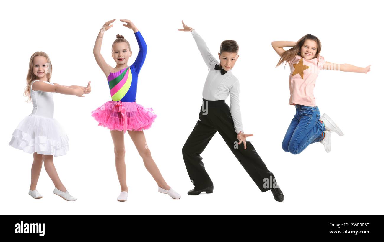 Group of children dancing on white background, set of photos Stock ...