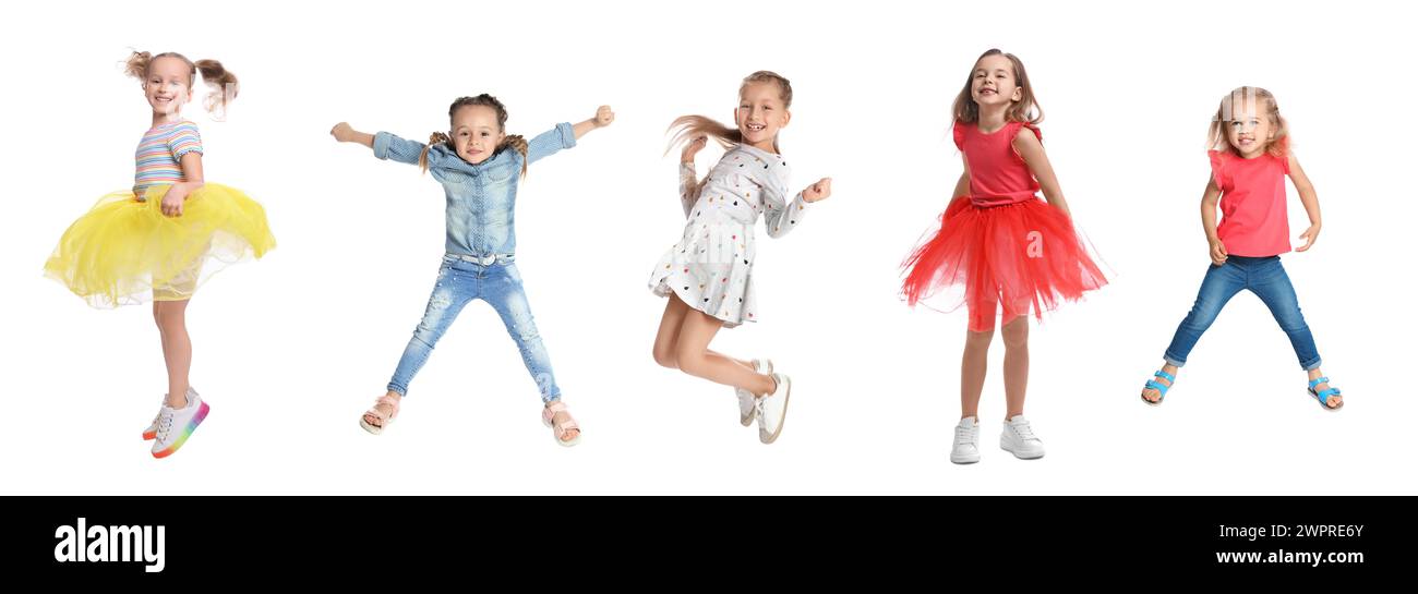 Group of children dancing on white background, set of photos Stock ...