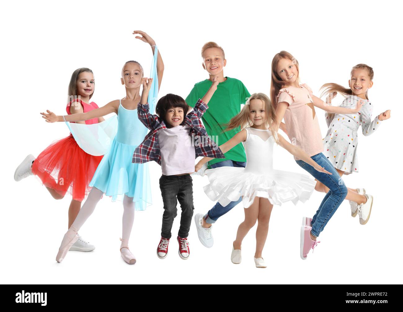 Group of children dancing on white background, set of photos Stock ...