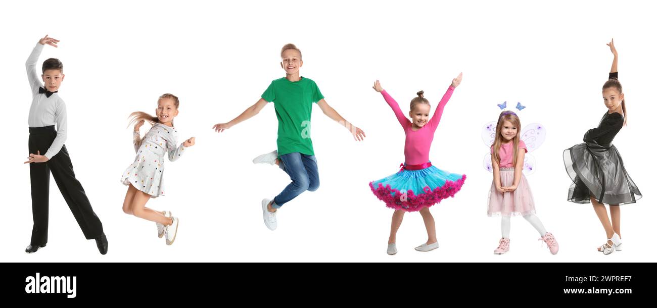 Group of children dancing on white background, set of photos Stock ...