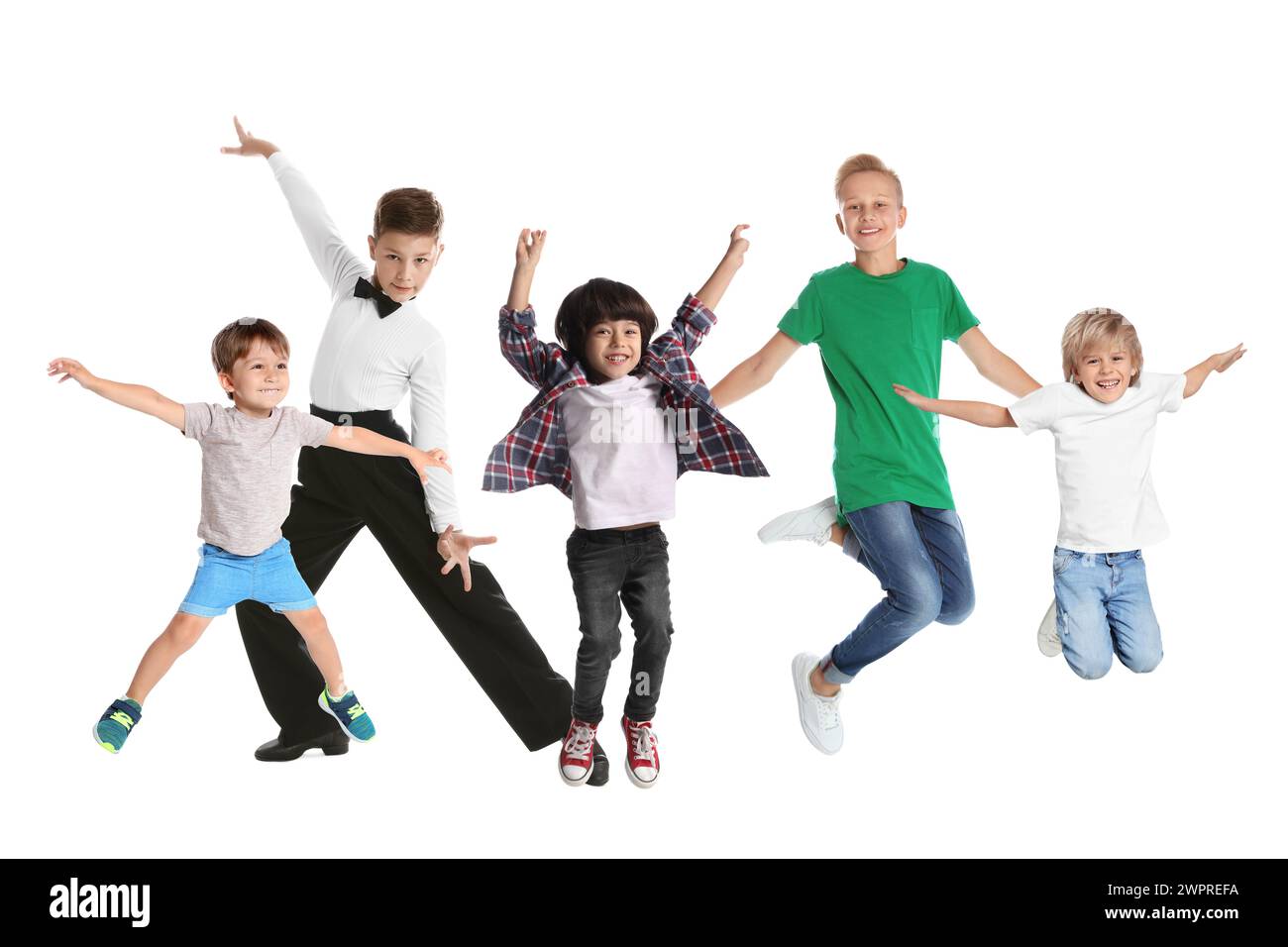 Group of children dancing on white background, set of photos Stock ...