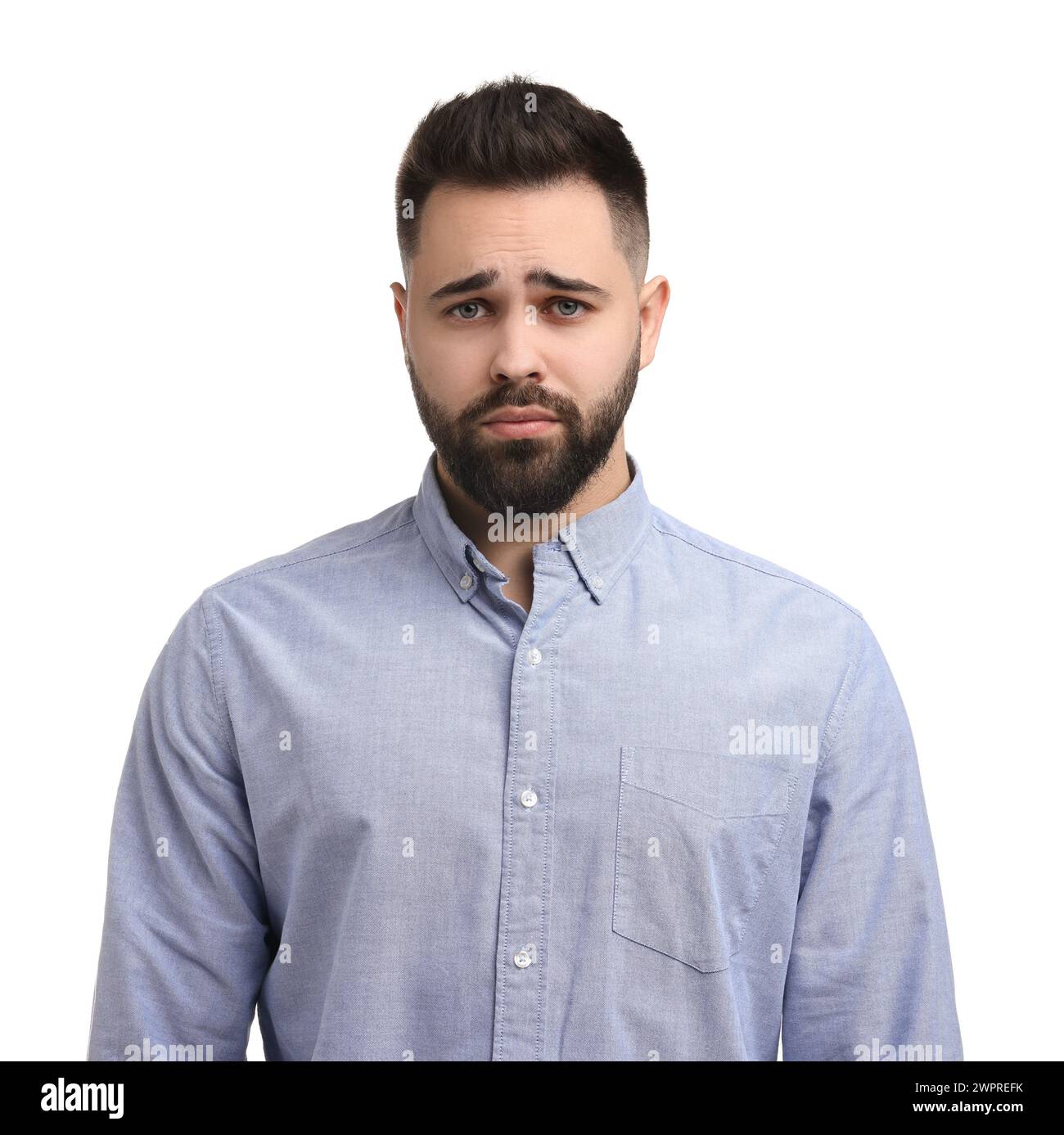 Portrait of sad man on white background Stock Photo - Alamy