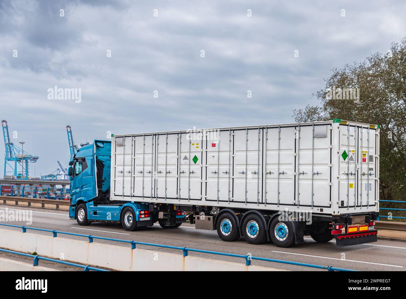 Truck with open side container with labels for dangerous goods Stock ...