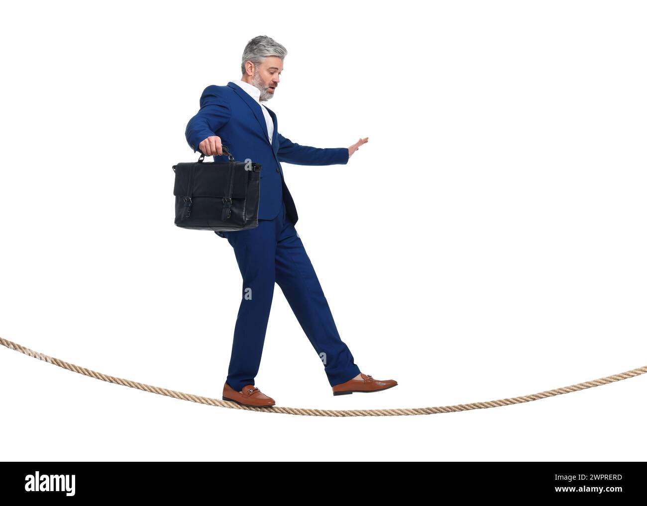 Risks and challenges of owning business. Man with briefcase balancing ...