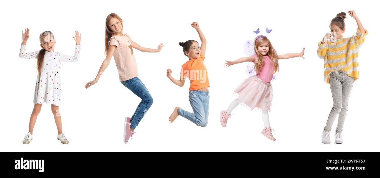 Group of children dancing on white background, set of photos Stock ...