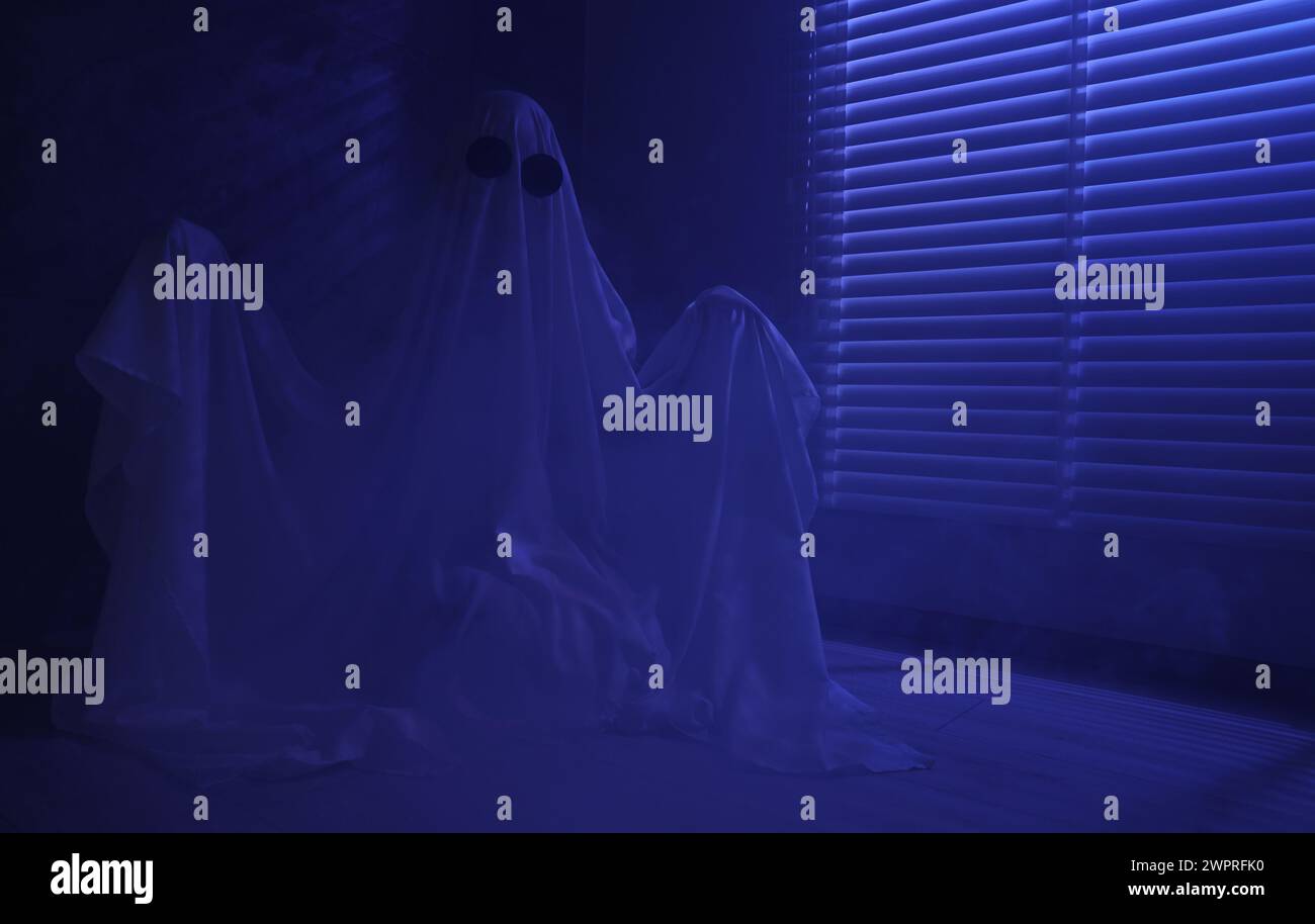 Creepy ghost. Woman covered with sheet near window in blue light, space ...