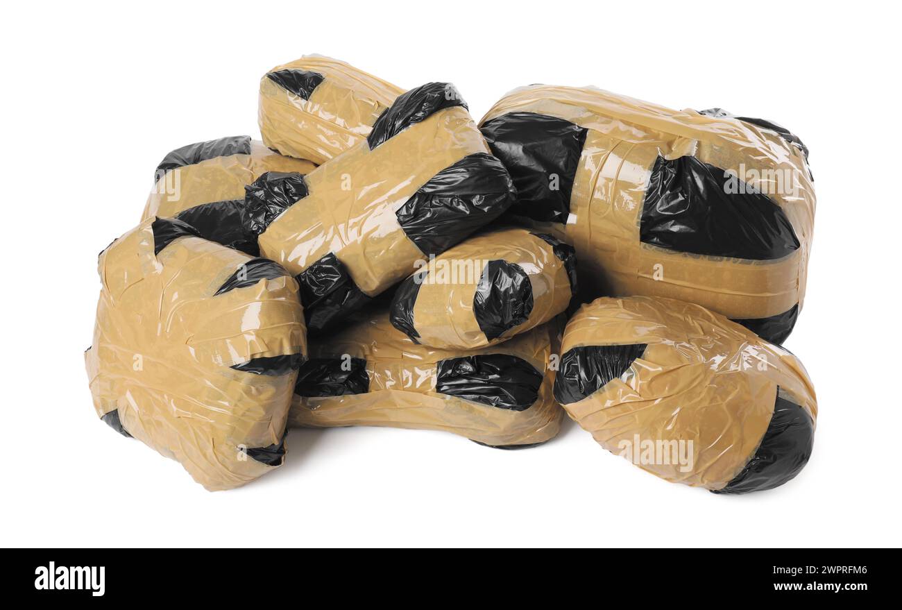 Packages with narcotics isolated on white. Drug addiction Stock Photo ...