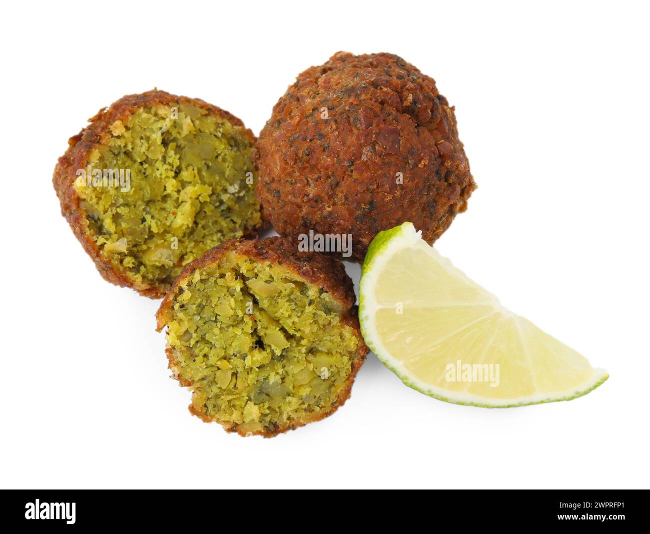 Delicious falafel balls and lime slice isolated on white, top view ...