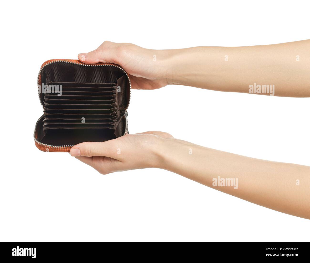 Woman with empty wallet on white background, closeup Stock Photo - Alamy