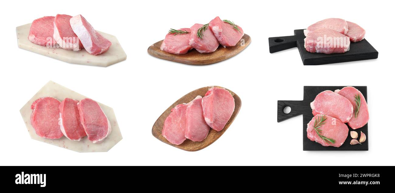 Pieces of raw pork meat isolated on white, top and side views Stock ...
