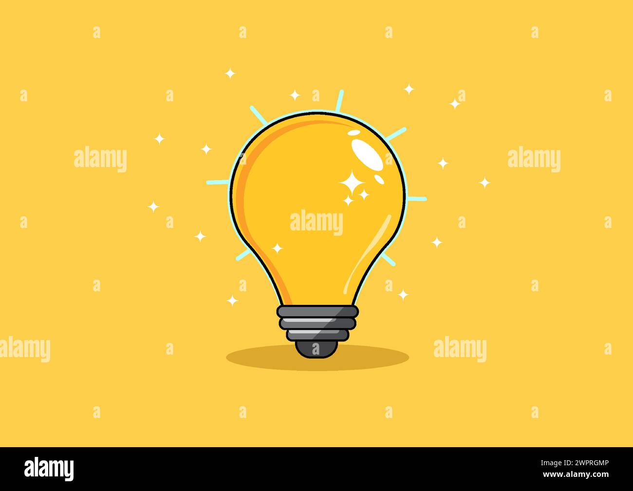 Cartoon vector illustration of a yellow light bulb shining brightly ...