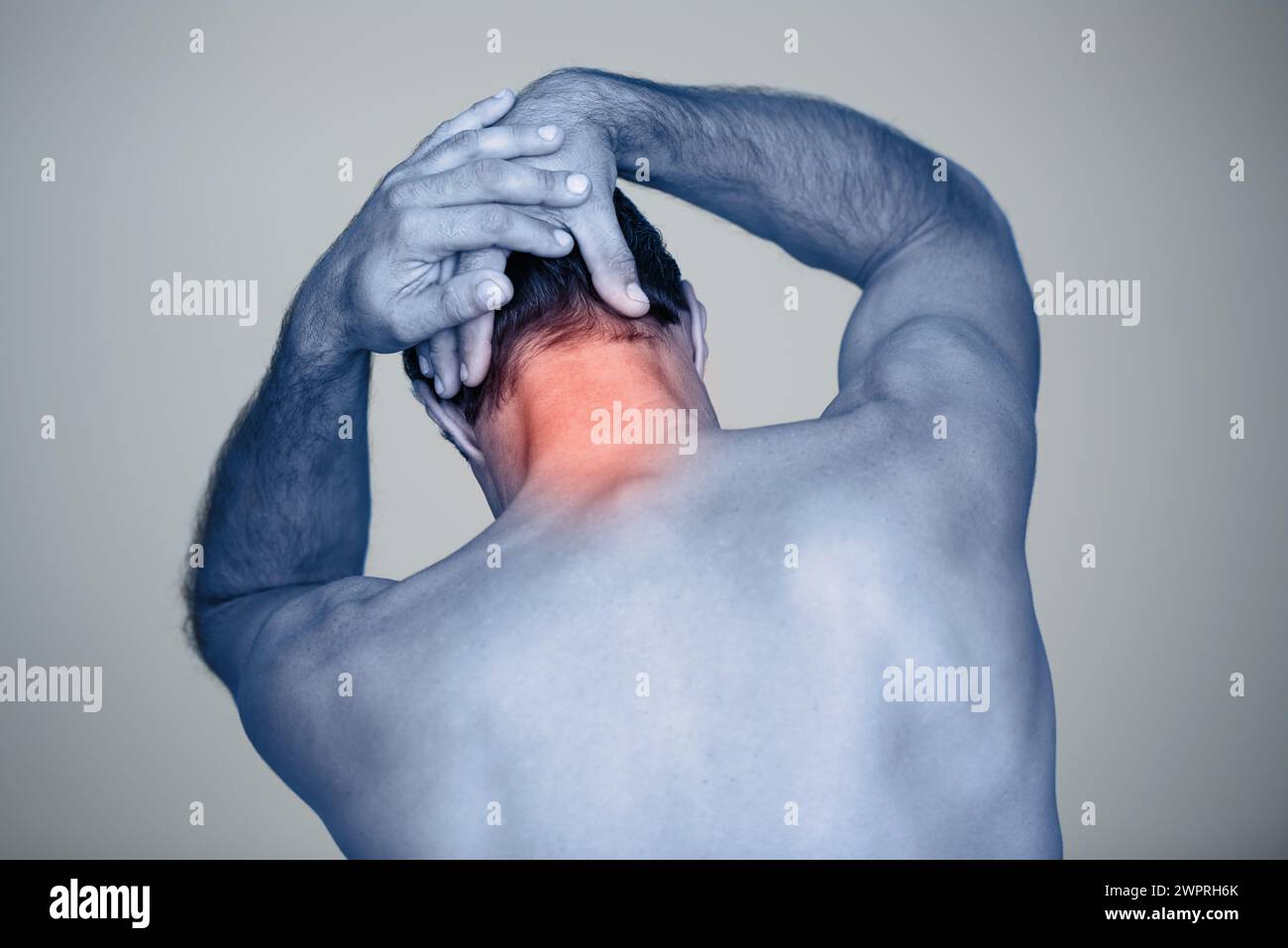 Studio, man and hands for neck pain or tension with muscle inflammation ...