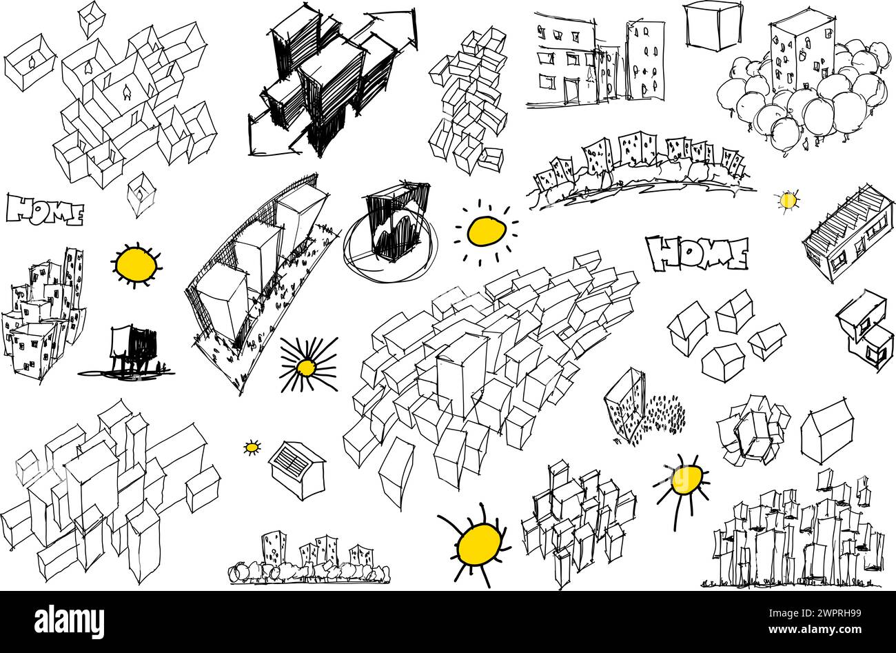 hand drawn architectural sketches of urban ideas and city structures ...
