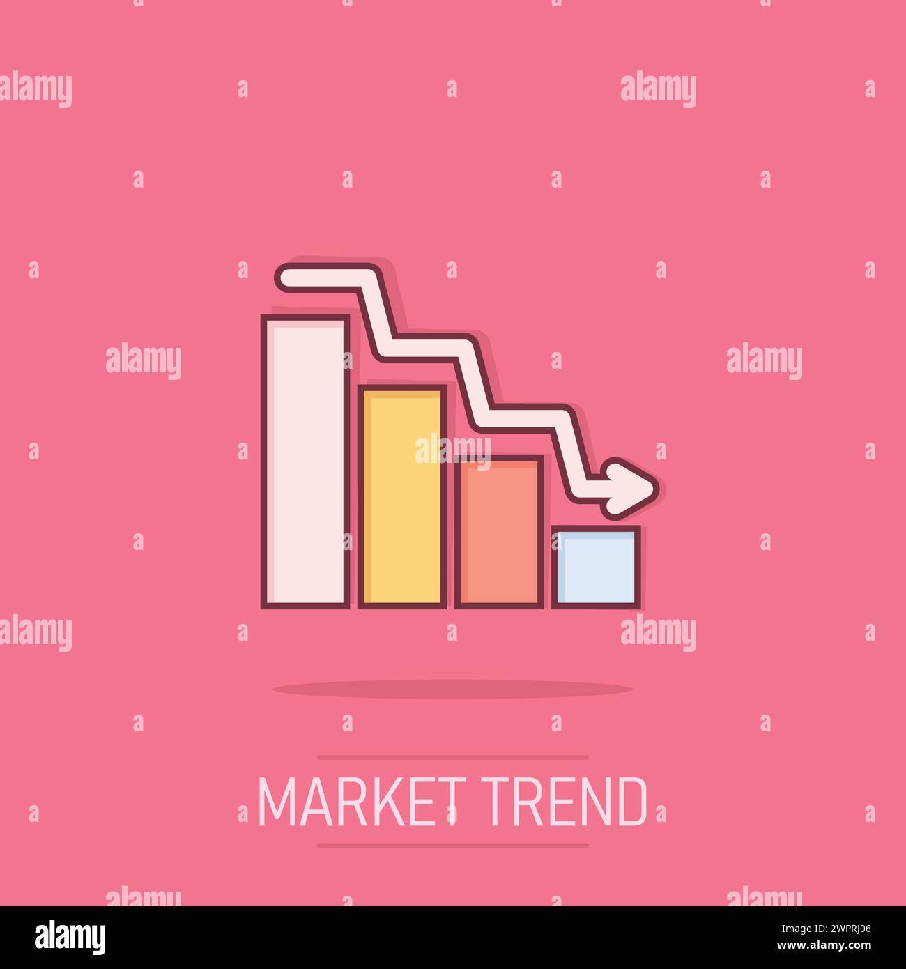Market trend icon in comic style. Decline arrow with magnifier cartoon vector illustration on ...