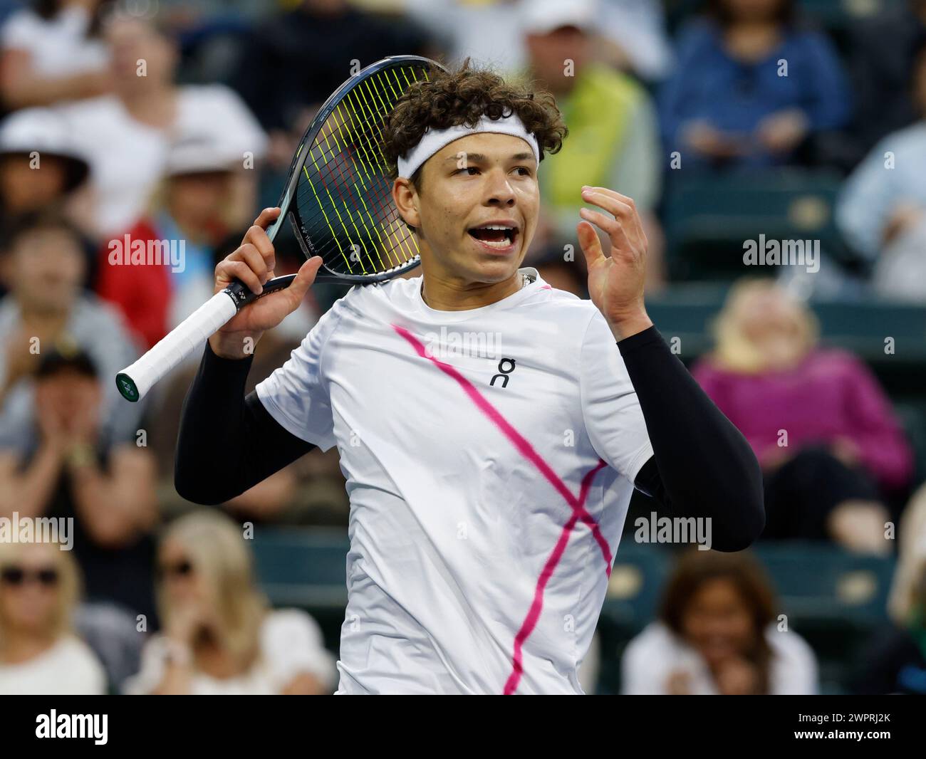 March 08, 2024 Ben Shelton reacts during his match against Jakub Mensik ...