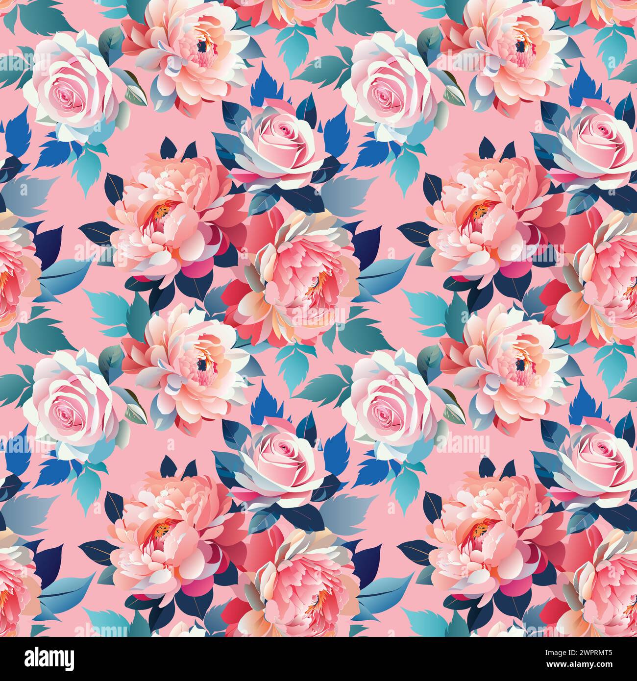 Roses and peonies with leaves seamless reversible pattern.Hand drawn ...