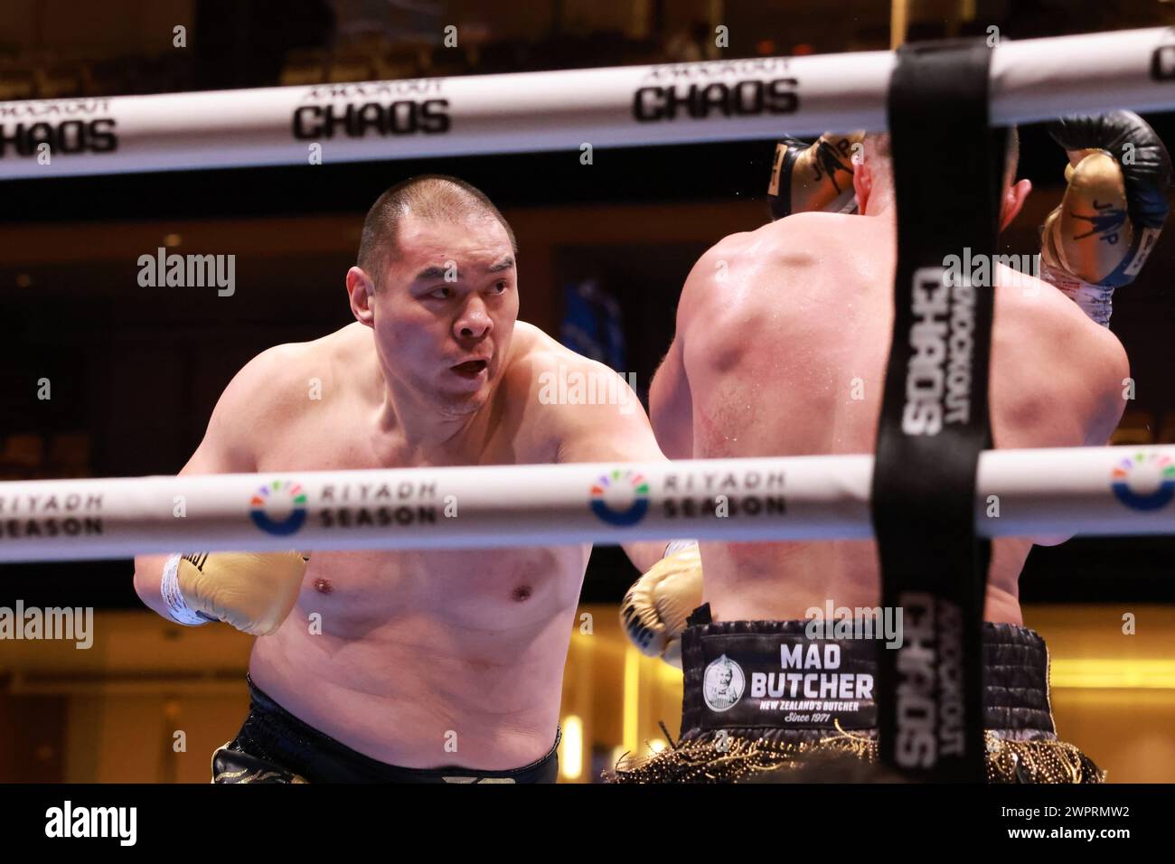 Riyadh, Saudi Arabia. 9th Mar, 2024. Zhang Zhilei (L) of China fights ...