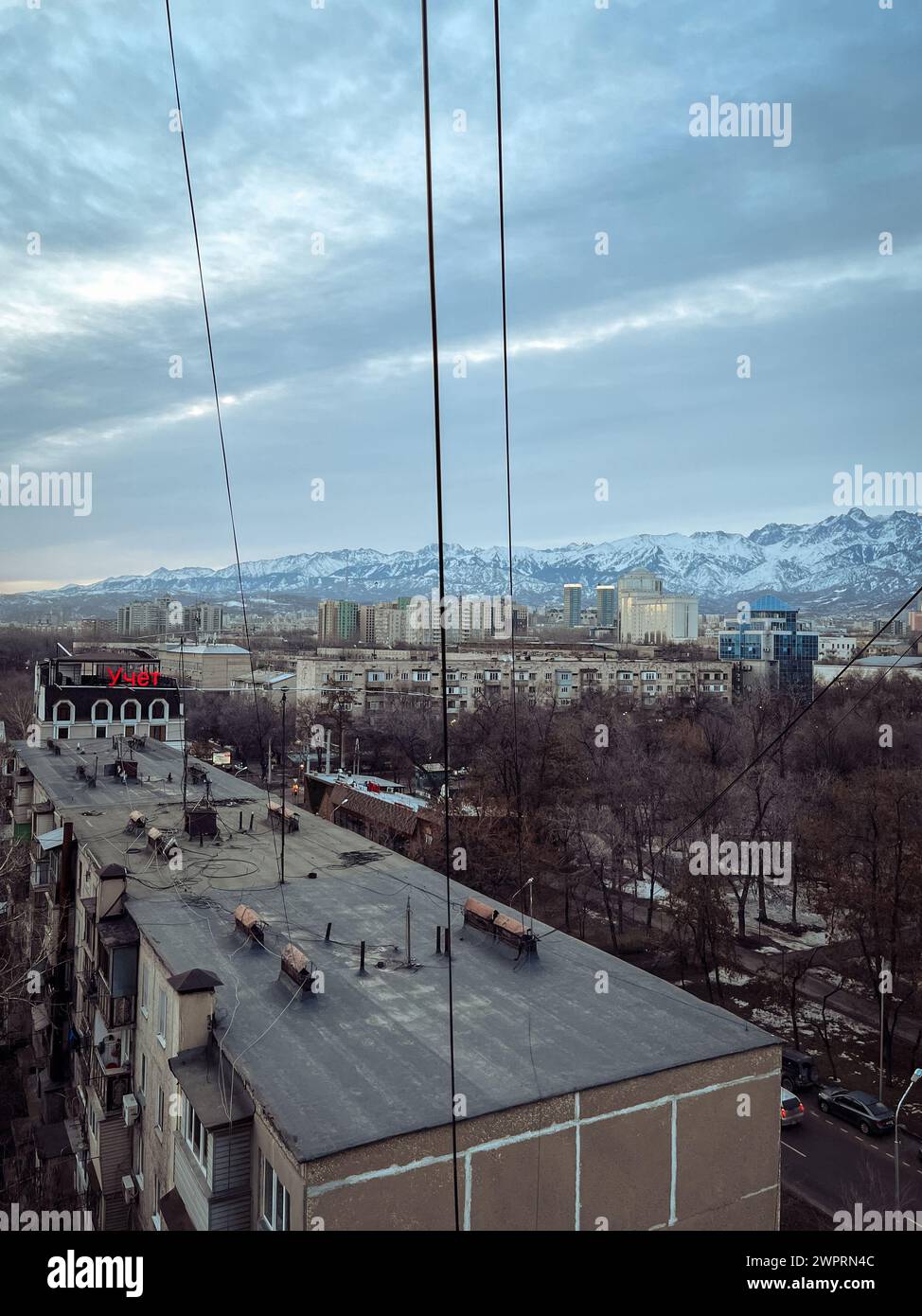 A charming cityscape featuring residential area, trees, and buildings ...