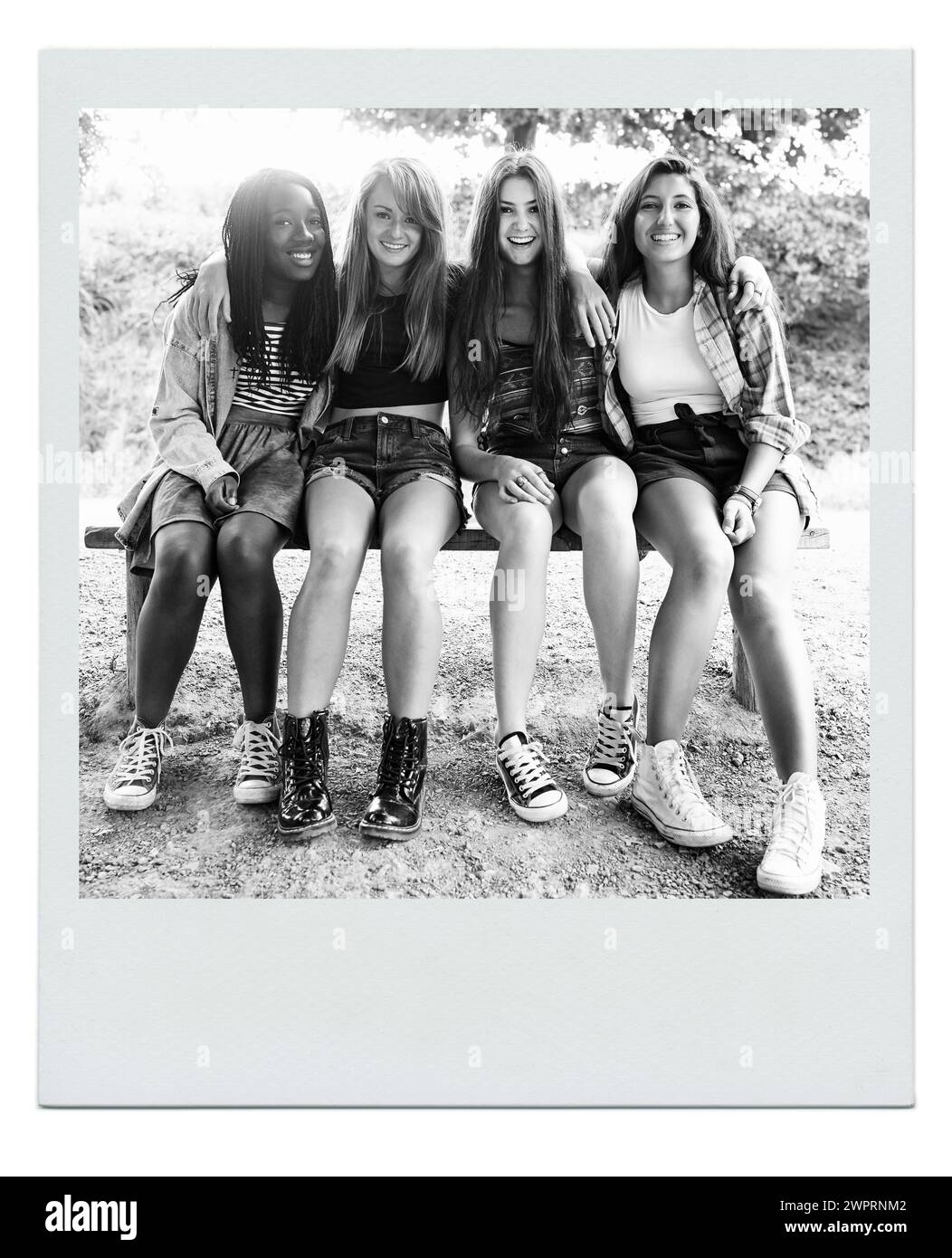 Women, friends and happy portrait on bench as polaroid picture for ...